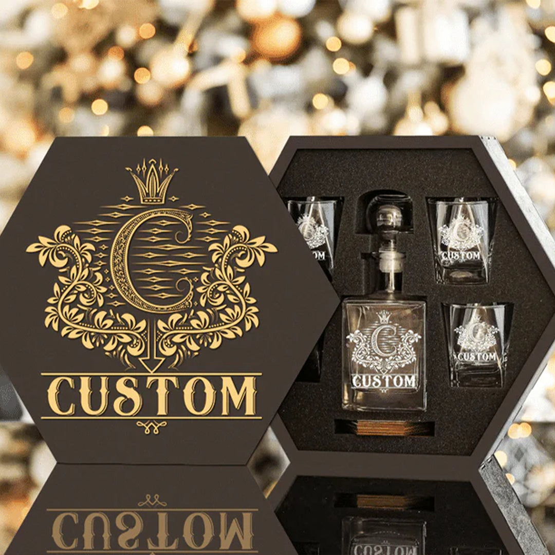 CUSTOM NAME - WHISKEY SET (Wooden box + Decanter + 4 Glasses + 4 Coast ...