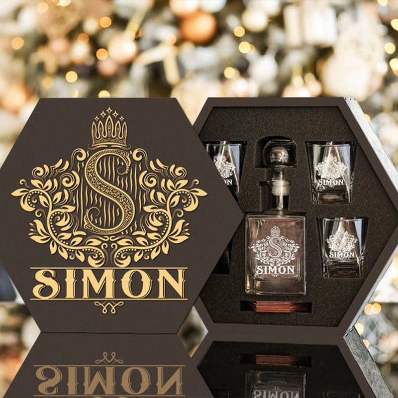 SIMON - WHISKEY SET (Wooden box + Decanter + 4 Glasses + 4 Coasters ...